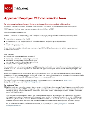 ACCA PER Confirmation Form for Approved Employer Trainees - Studocu