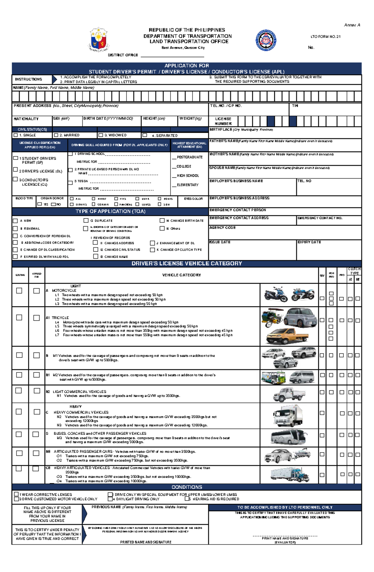 LTO APL Form for Student Permit Application - Philippines - Studocu