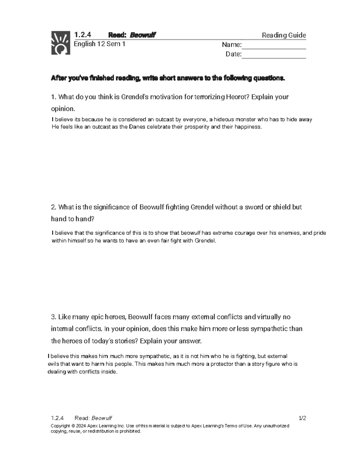 Reading Guide for Beowulf (English 12 Sem 1) - Studocu