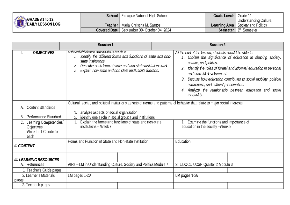 Q2 WEEK 10 - dll - GRADES 1 to 12 DAILY LESSON LOG School Echague ...