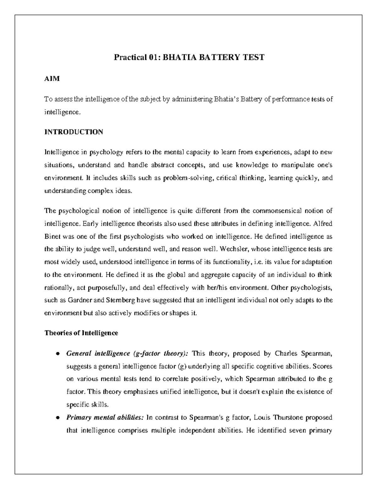 Bhatia Battery Practical: Performance Tests of Intelligence - Studocu