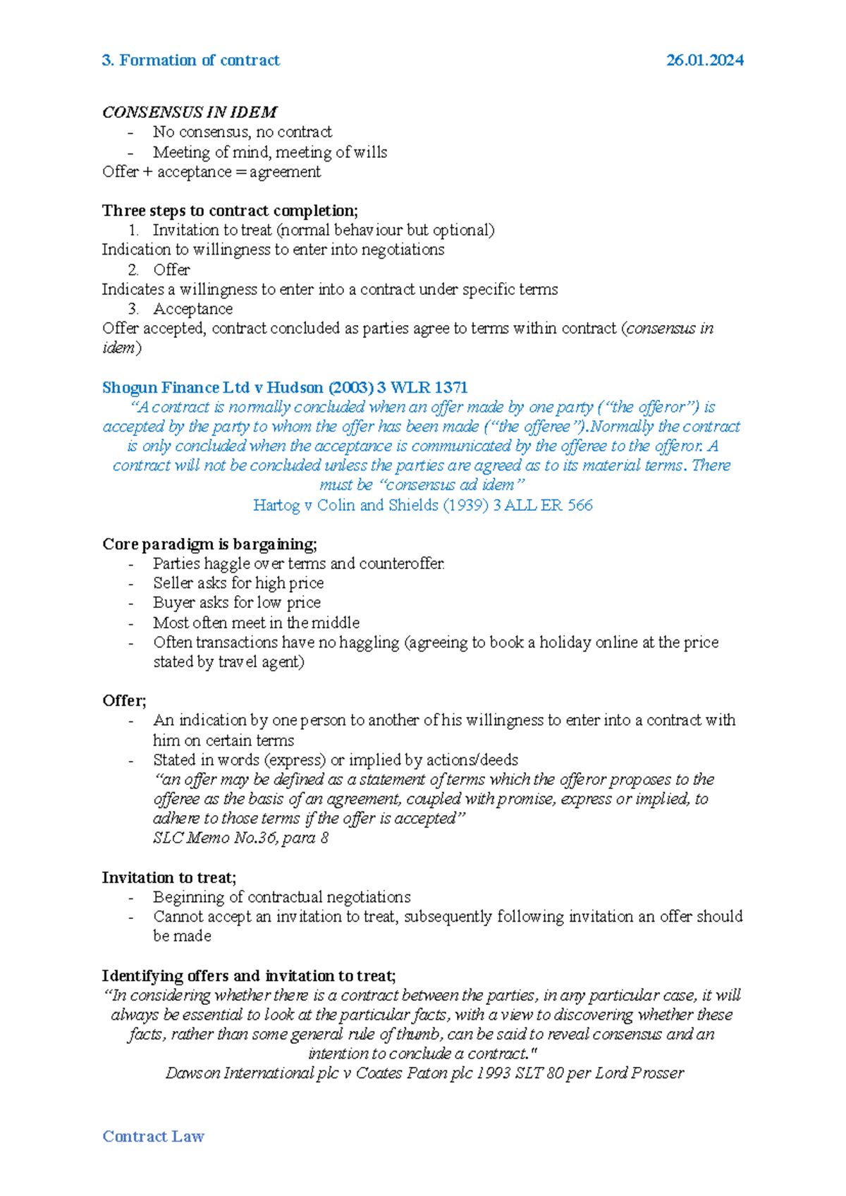 Contract Law 3: Formation of Contract - Key Principles & Cases - Studocu