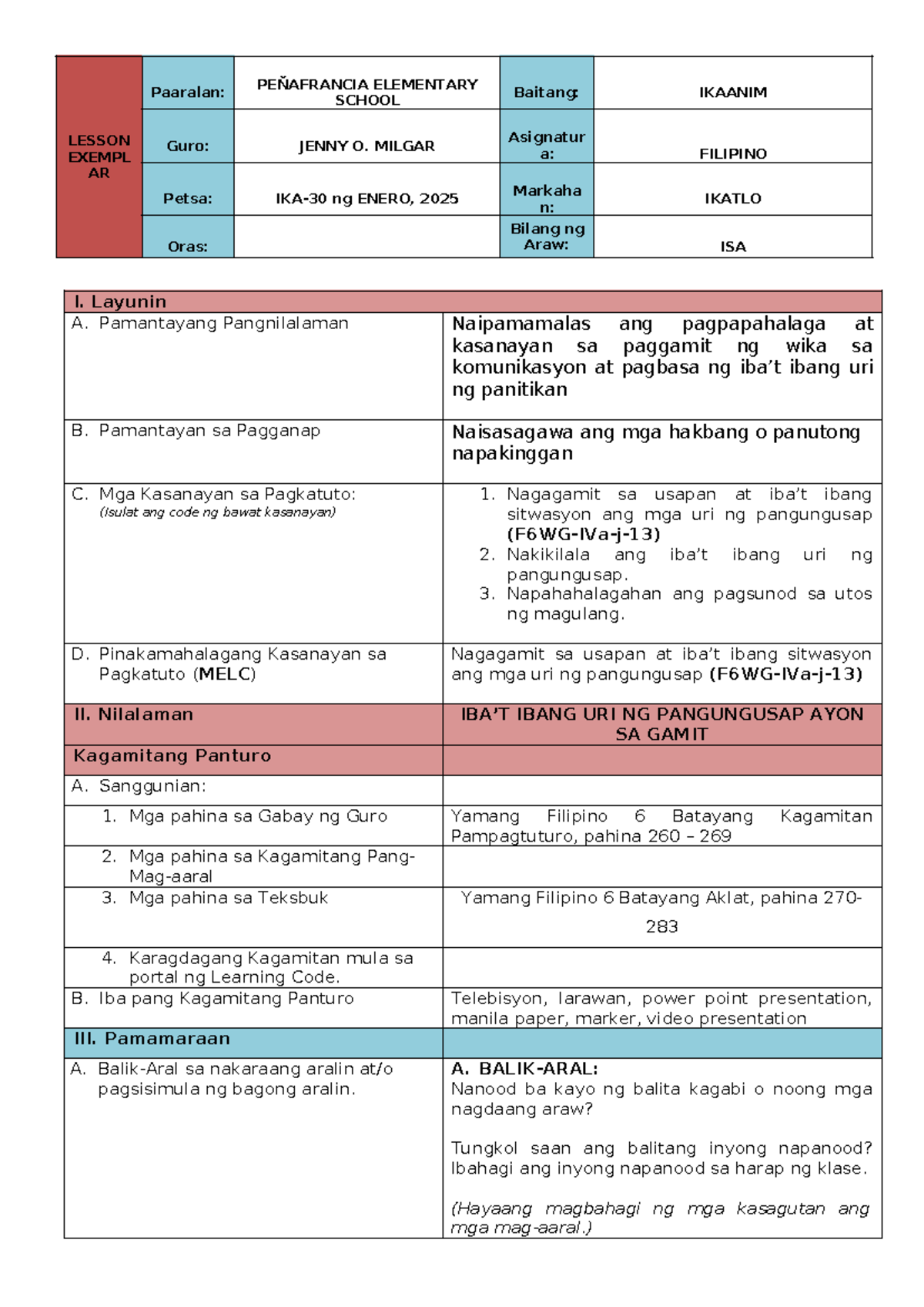 COT URI NG MGA PANGUNGUSAP FIL 6 Q3 LEKSYON AT PAGSASANAY - Studocu