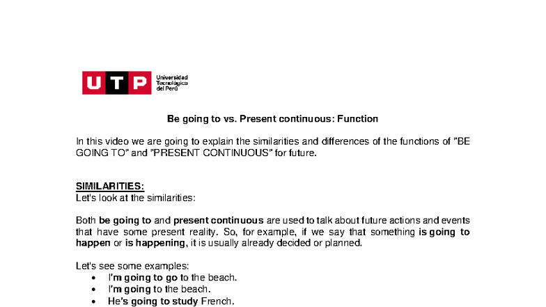 Week 16: Be Going To vs. Present Continuous Functions Explained - Studocu