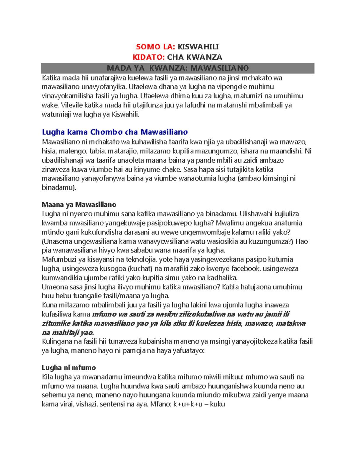 Kiswahili Notes: Form One Communications and Language Concepts - Studocu