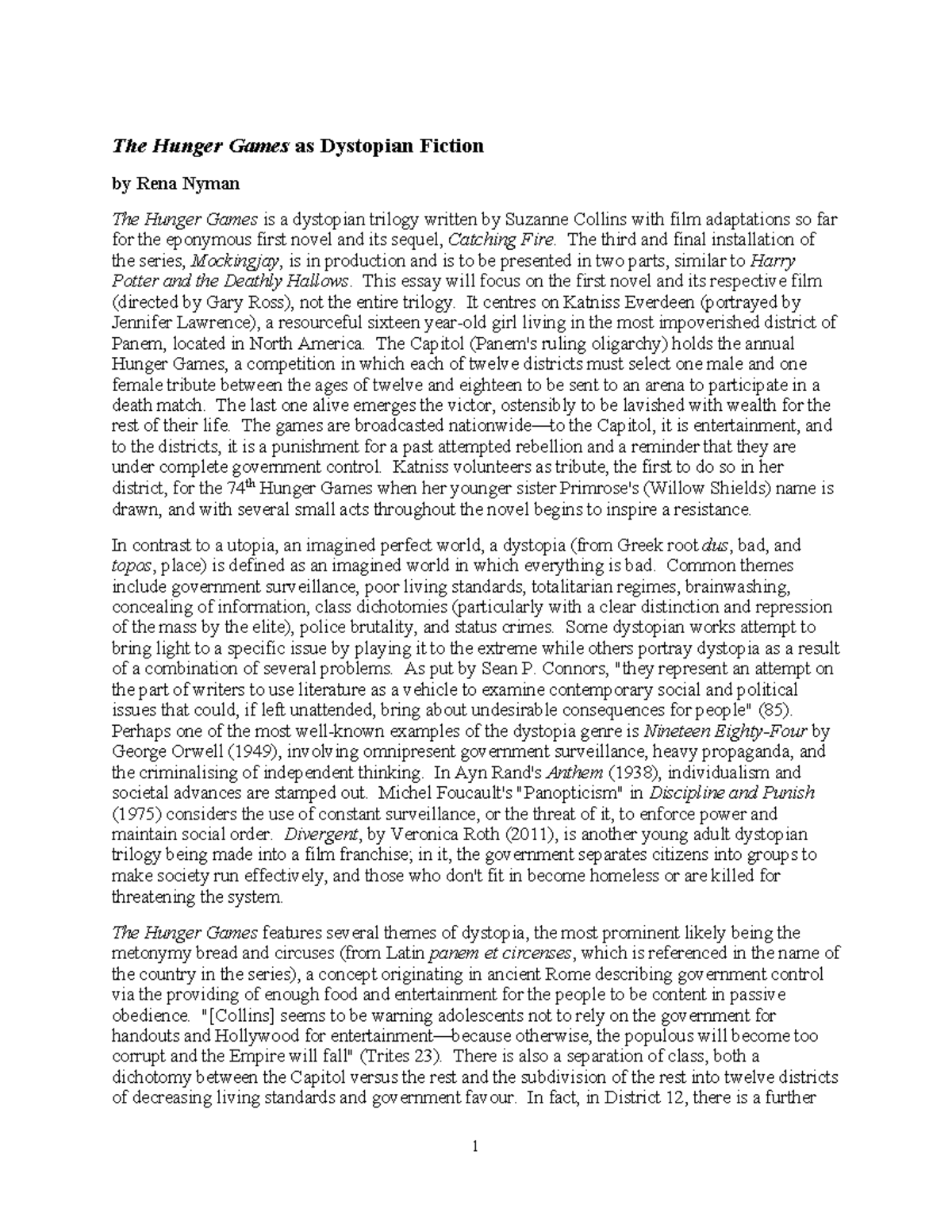 Analyzing Themes of Dystopia in The Hunger Games: A Film Essay (ENG101 ...