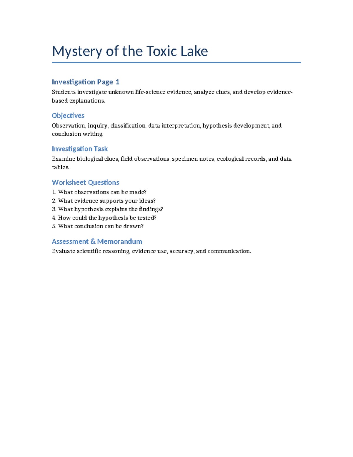 Investigation of the Toxic Lake: Evidence Analysis & Hypothesis ...