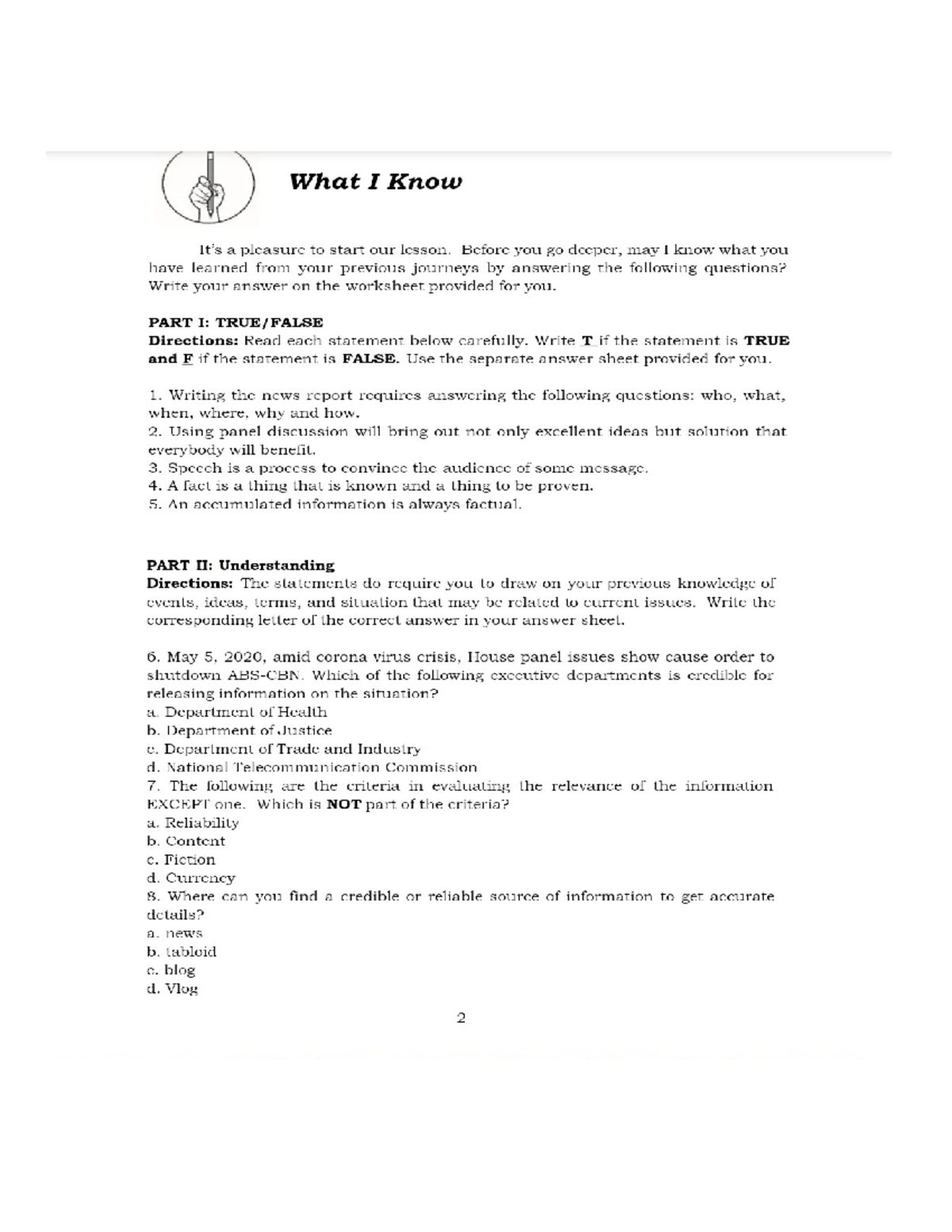 English 10: Lesson Worksheet on News Reporting and Evaluation - Studocu
