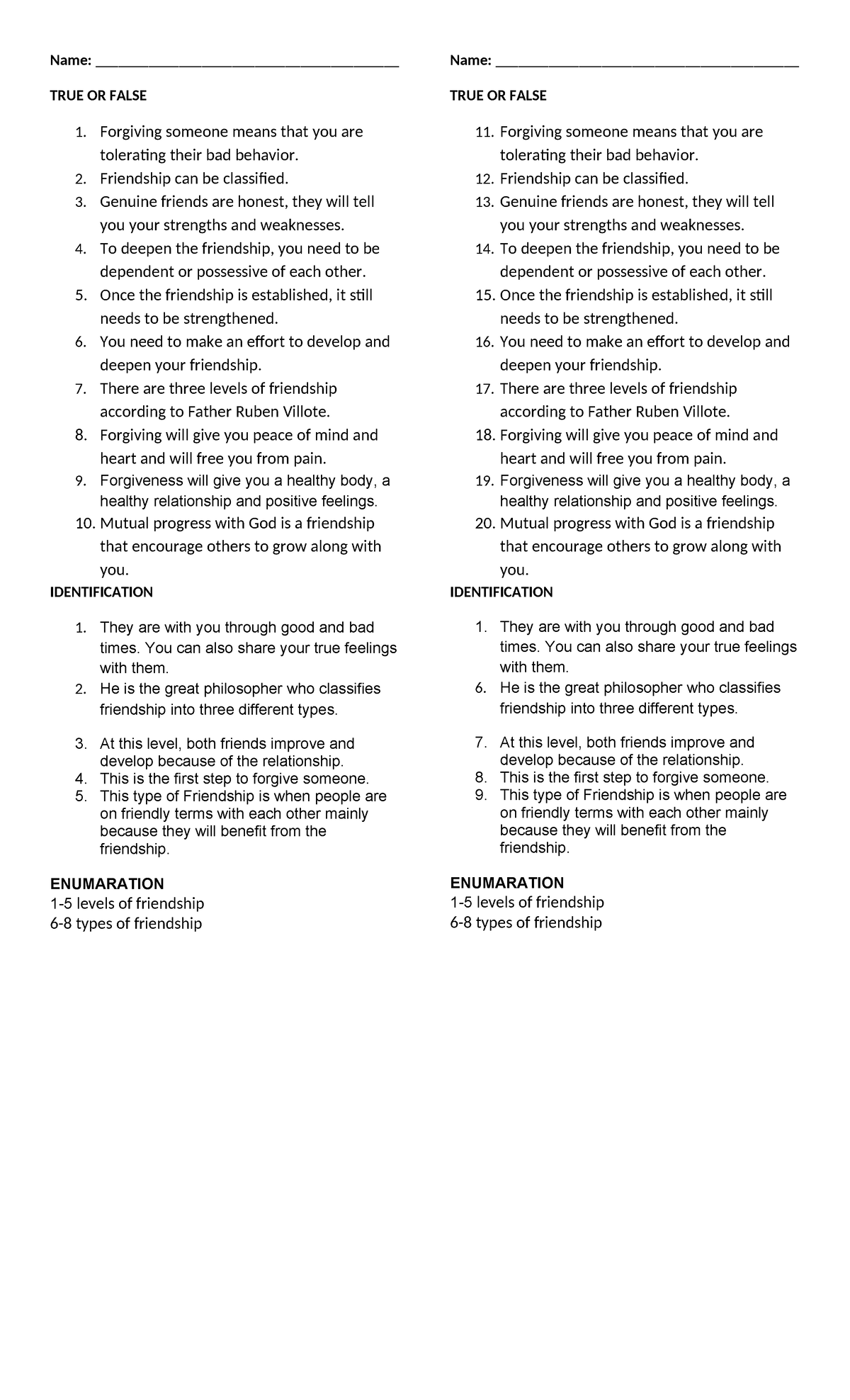 Values Quiz - Friendship and Forgiveness Insights - Studocu