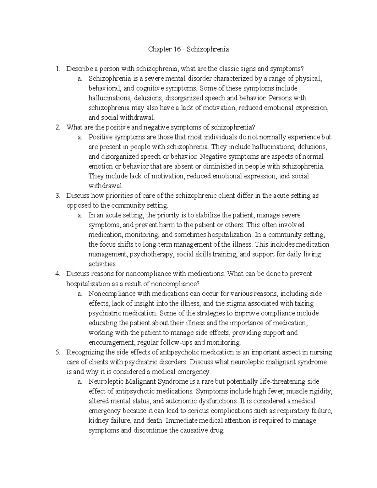 Final Exam Homework: Chapter 16 - Schizophrenia Insights - Studocu