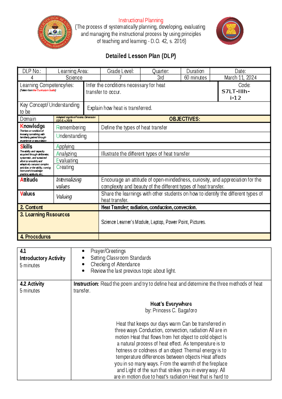 DLP G7 Science Lesson Plan: Heat Transfer Techniques for Q3 - Studocu