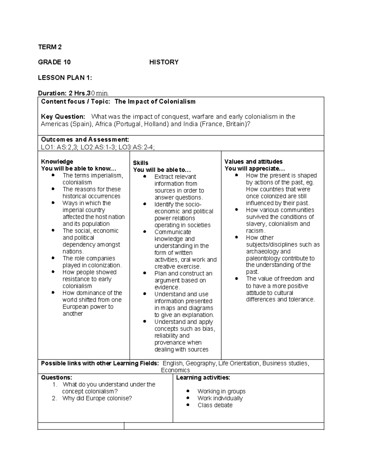 GRADE 10 HISTORY TERM 2 LESSON PLANS: Colonialism & Liberty - Studocu