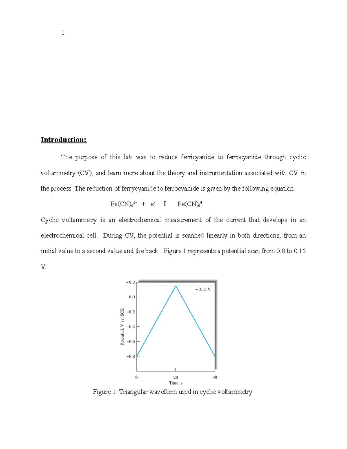 Cyclic Voltammetry Lab of Ferricyanide: Reduction & Theory Study - Studocu