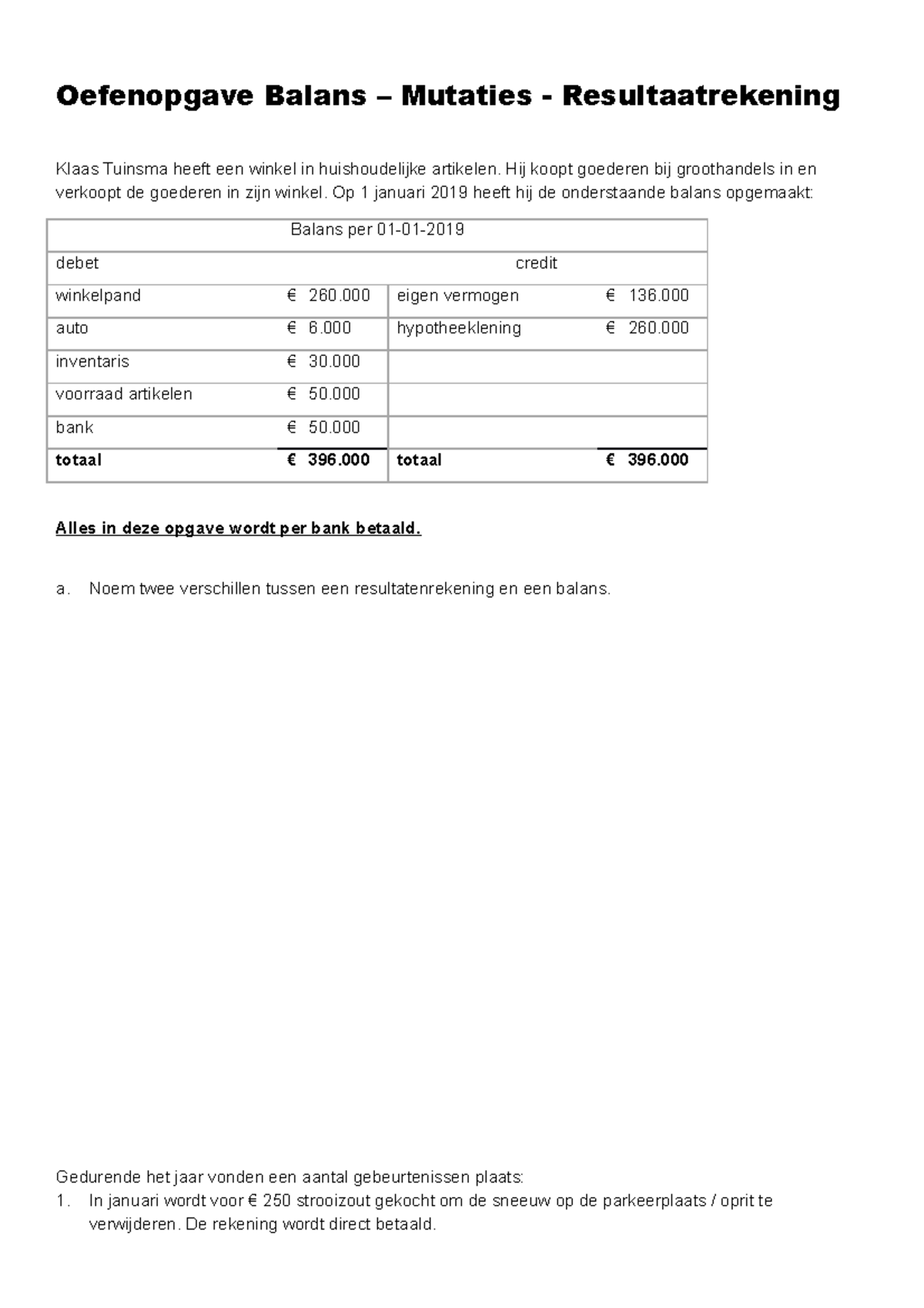 Oefenopgave Balansmutaties en Resultaatrekening 2019 met Antwoorden ...