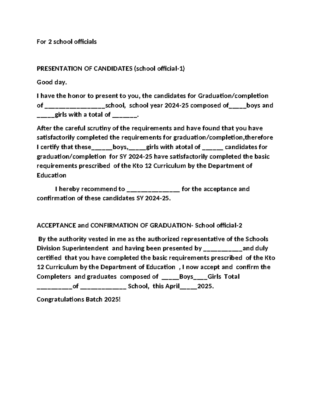 Script for graduation and completion 2school officials - For 2 school ...