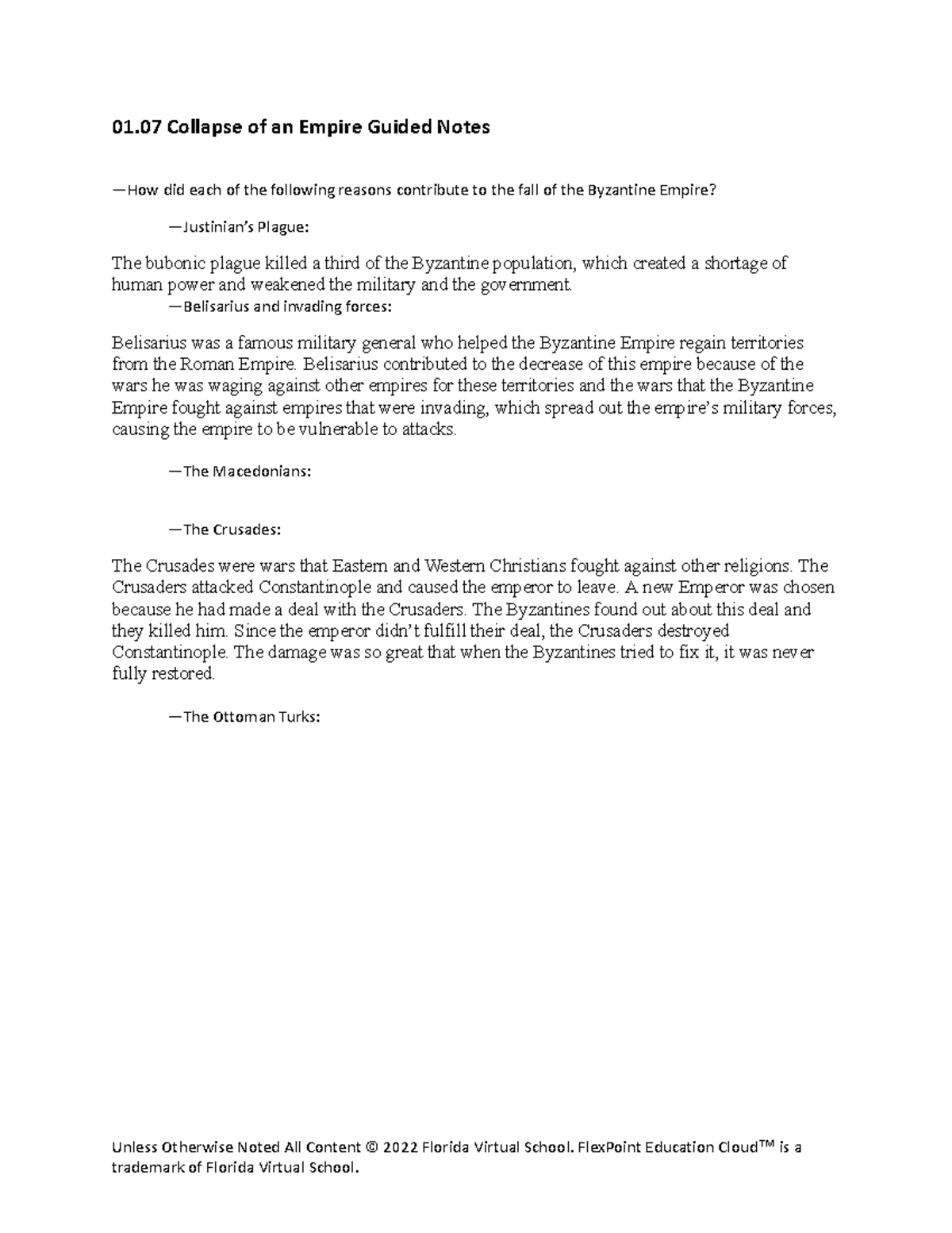 1.07 Guided Notes: Reasons for the Fall of the Byzantine Empire - Studocu