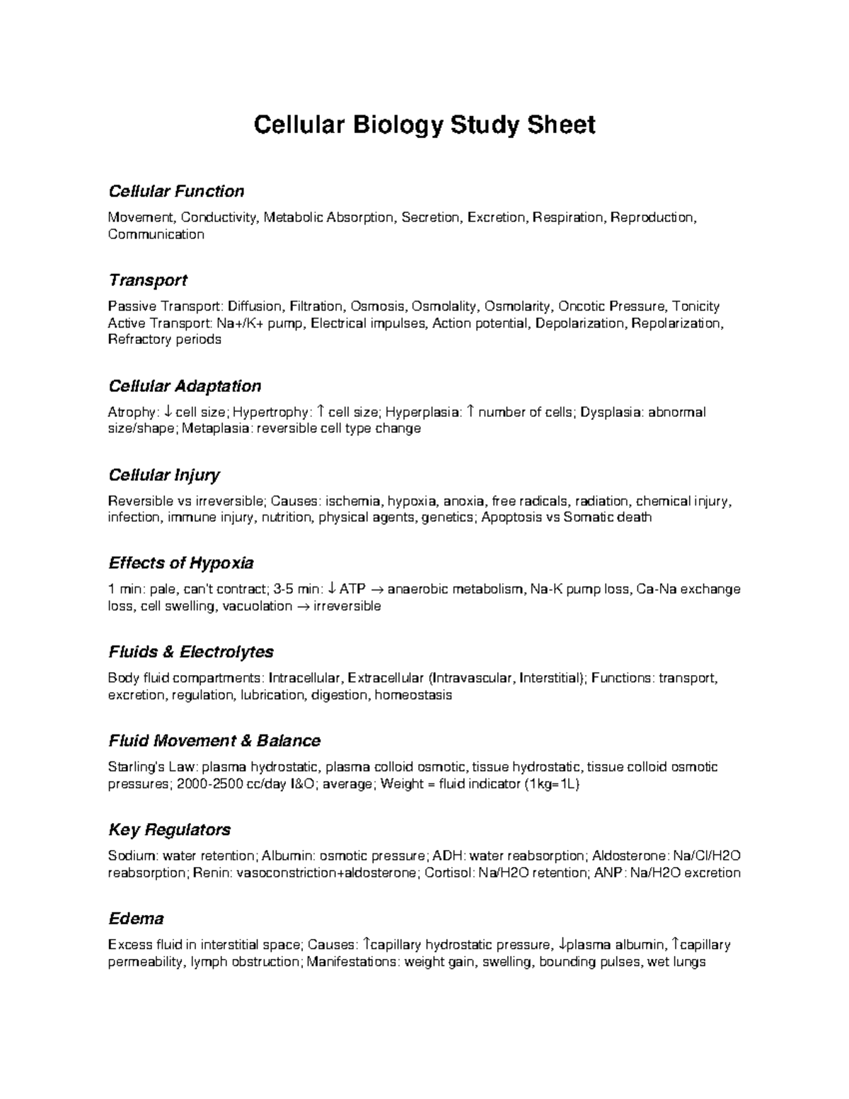 Cellular Biology Study Guide: Functions, Transport, and Homeostasis ...