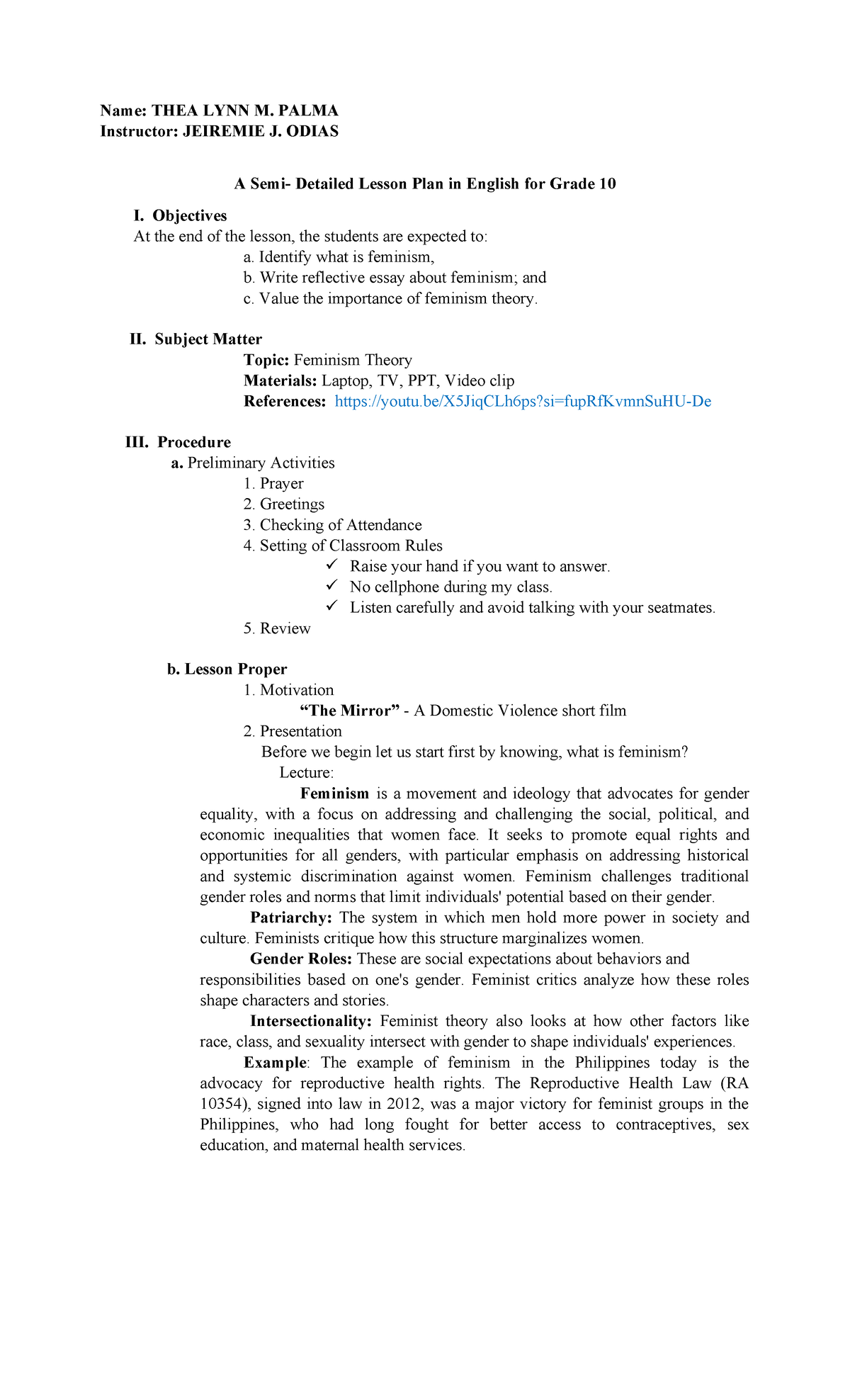 Semi-Detailed Lesson Plan: Feminism Theory for Grade 10 - Studocu