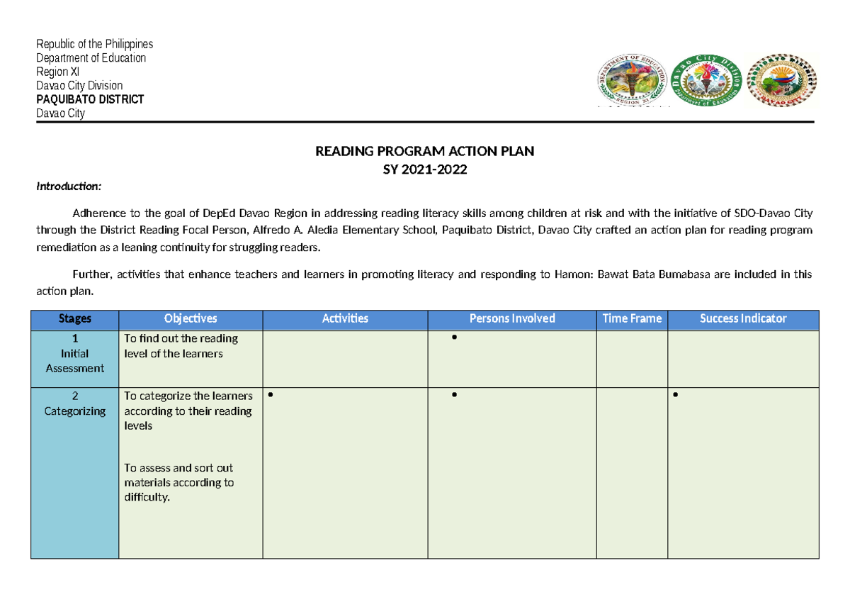 Action Plan for Reading Program Remediation - SY 2023-2024 - Studocu