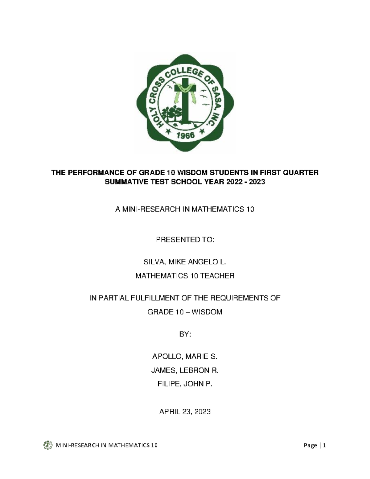 Grade 10 Wisdom: Performance in 1st Quarter Math Summative Test 2022 ...
