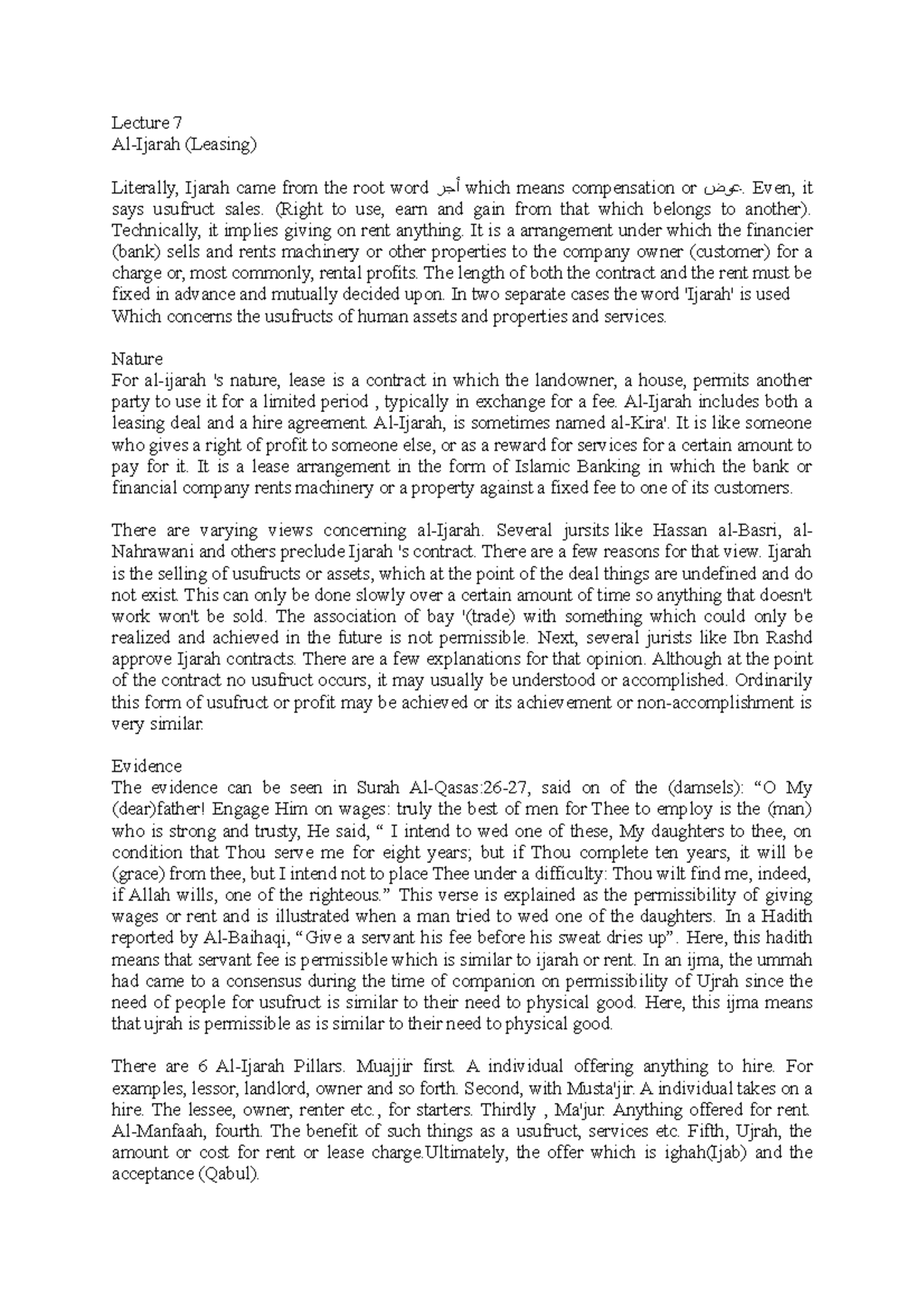 Al-Ijarah (Leasing) - Lecture 7 Notes on Definition and Types - Studocu