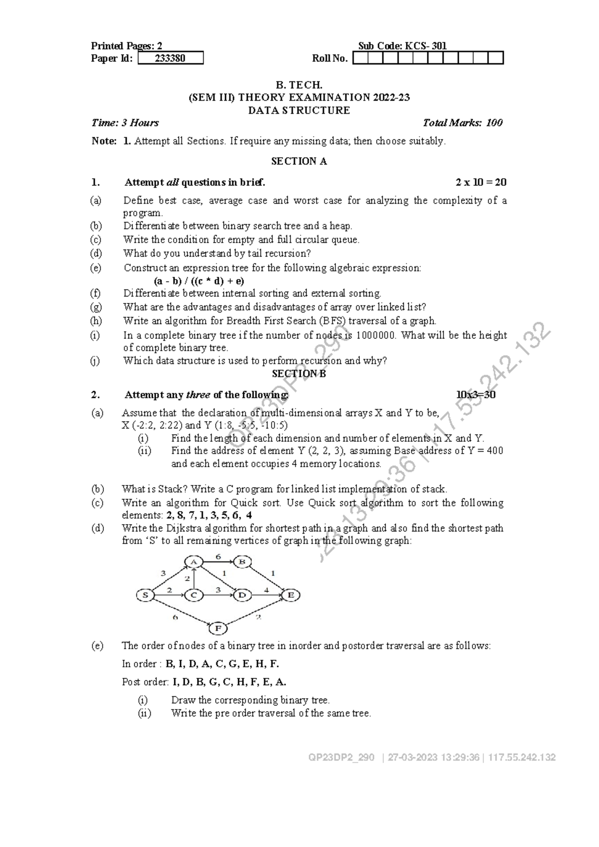 B.Tech CS 3rd Sem Data Structure KCS 301 Exam Notes 2023 - Studocu