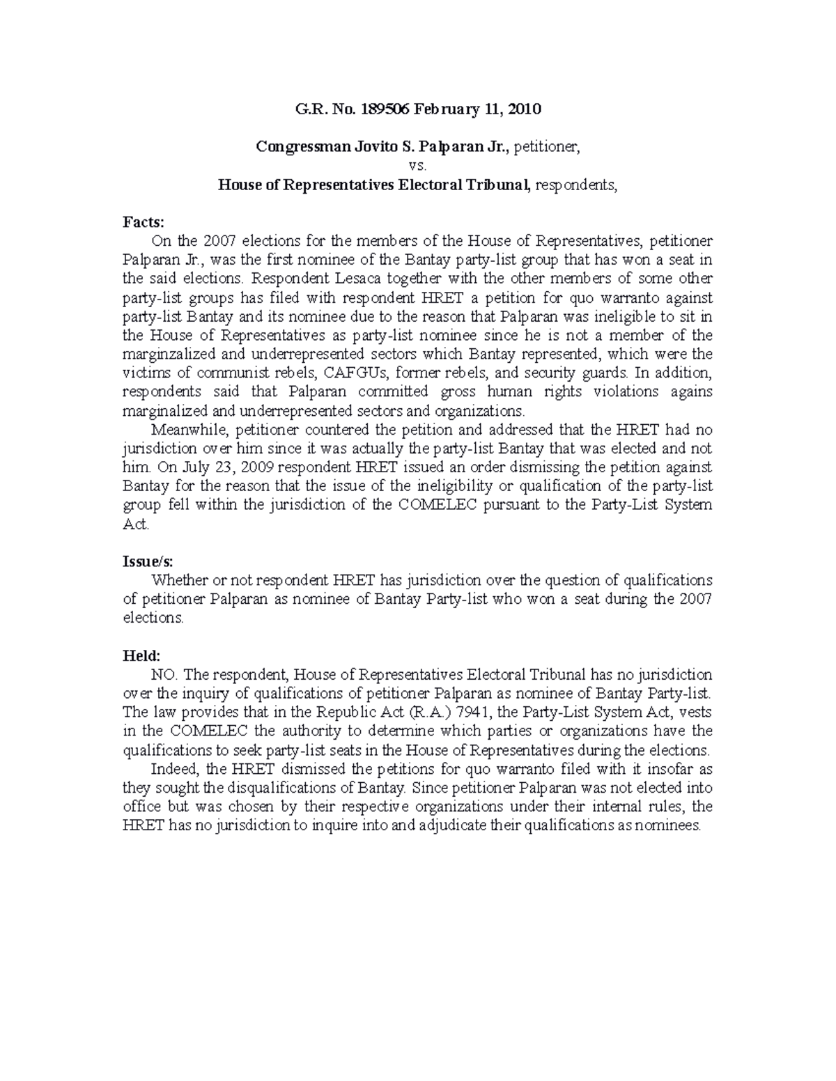 Case Digest: Palparan Vs. HRET - G.R. No. 189506 Analysis - Studocu