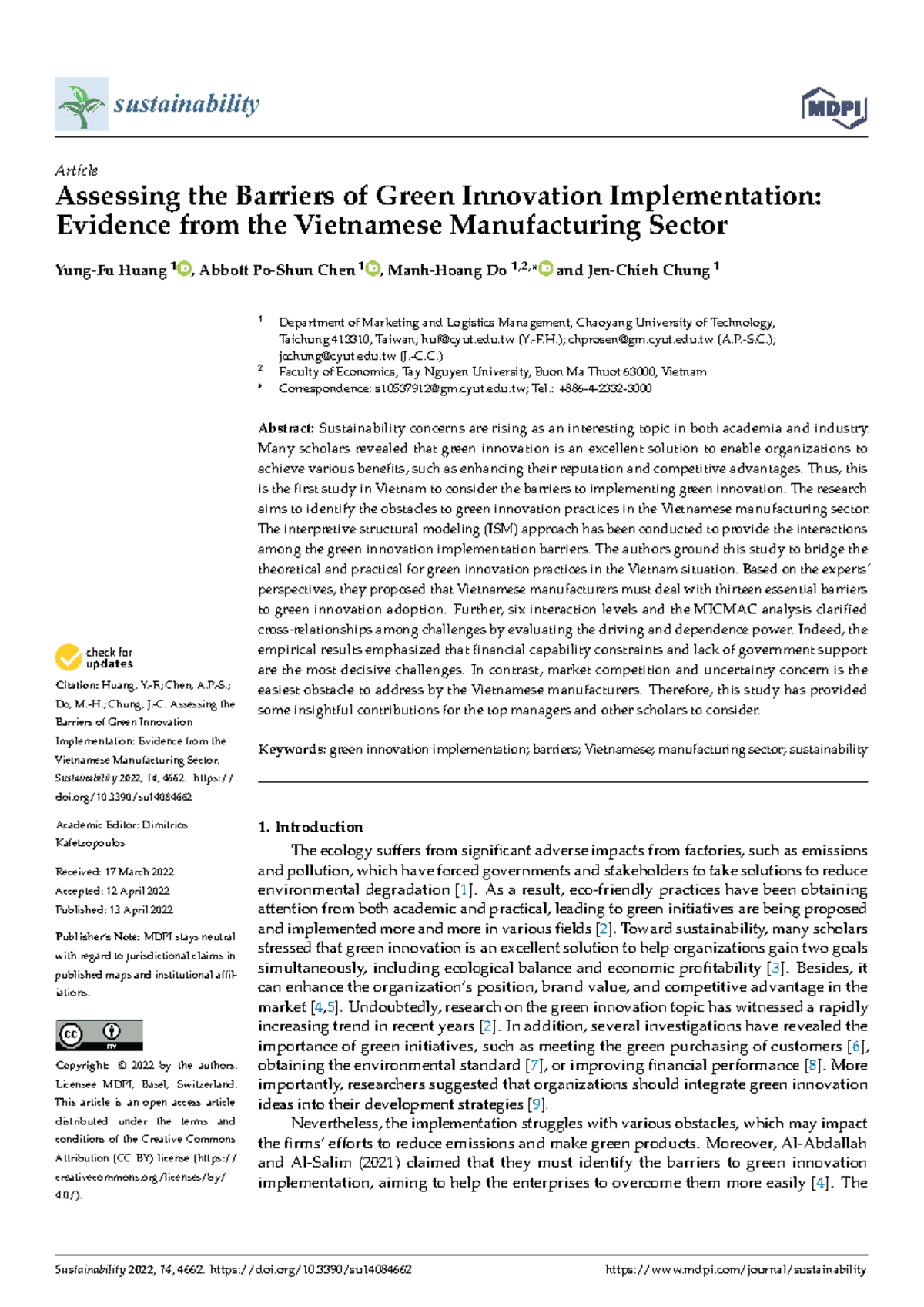 Sustainability 14: Assessing Barriers to Green Innovation in Vietnam's ...