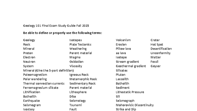 Geology 101 Final Exam Study Guide - Key Concepts for Fall 2025 - Studocu