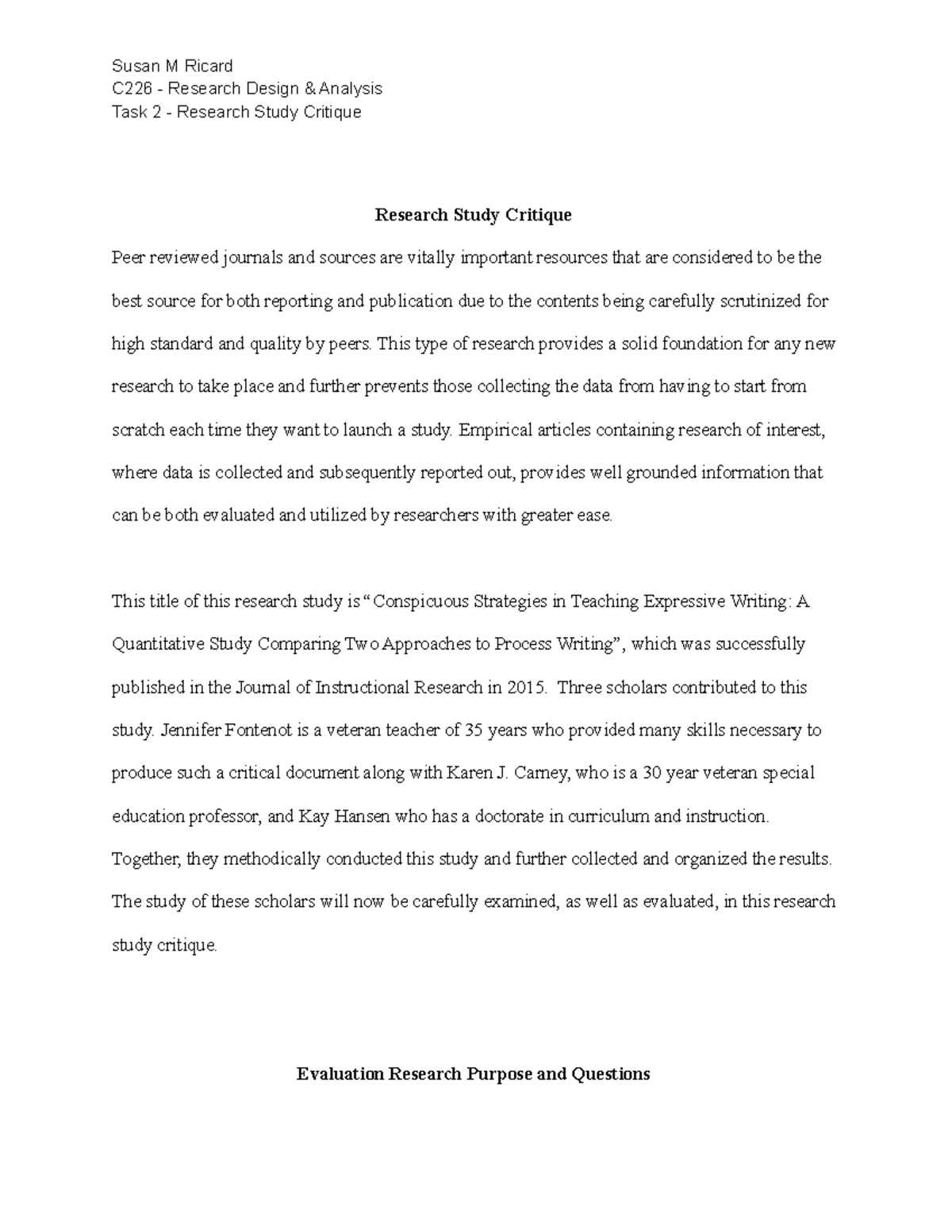 C226 Task 1 Research Design and Analysis - Susan M Ricard C226 ...