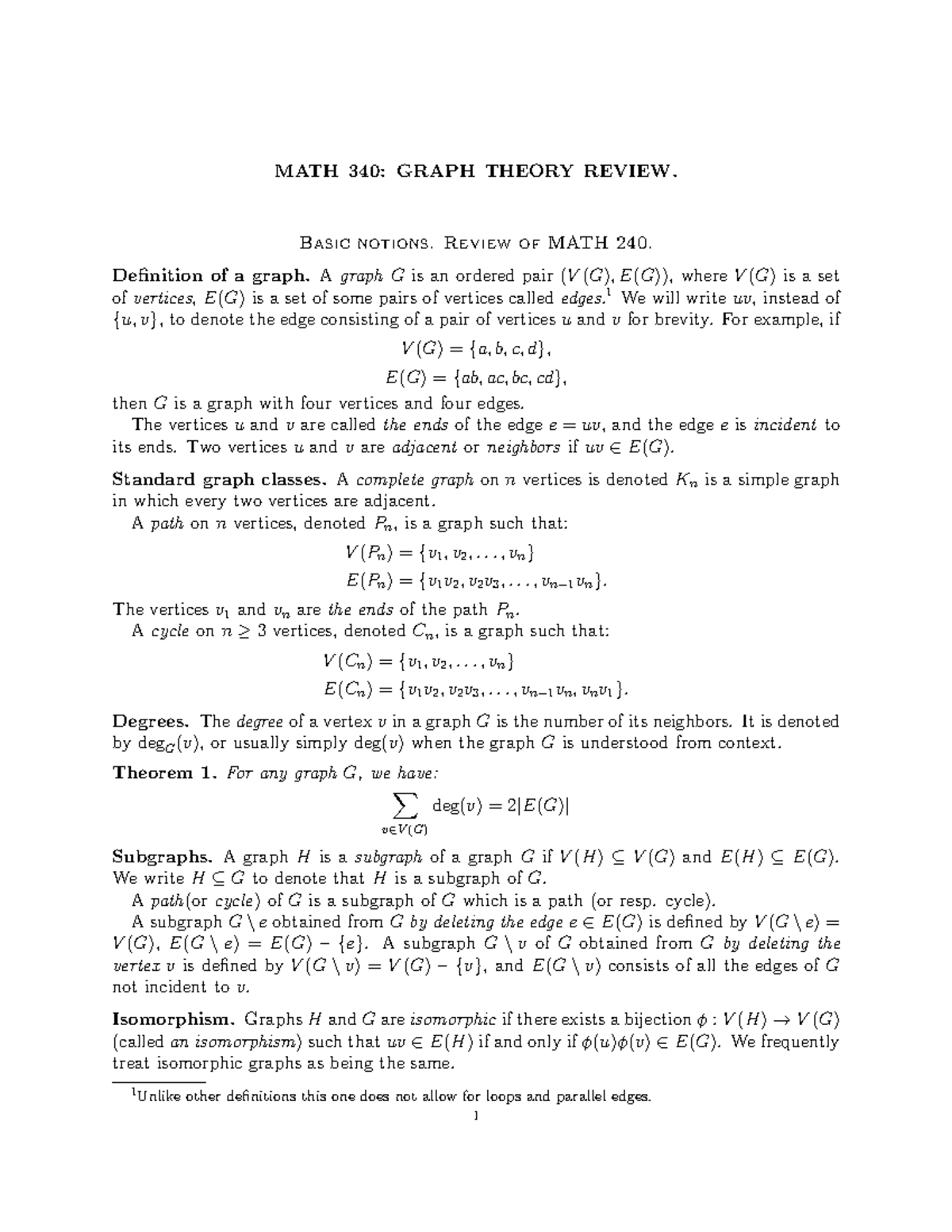 MATH 340: Graph Theory Review Notes and Key Concepts - Studocu