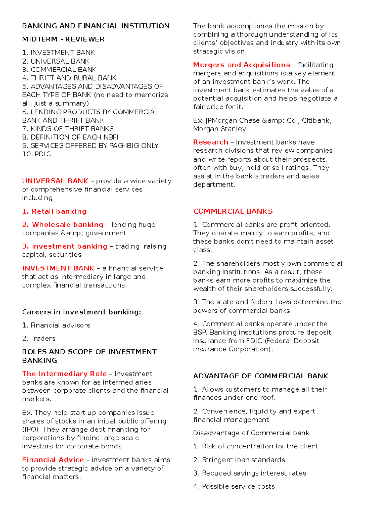 BANKING AND FINANCIAL INSTITUTIONS MIDTERM REVIEW: TYPES & SERVICES ...