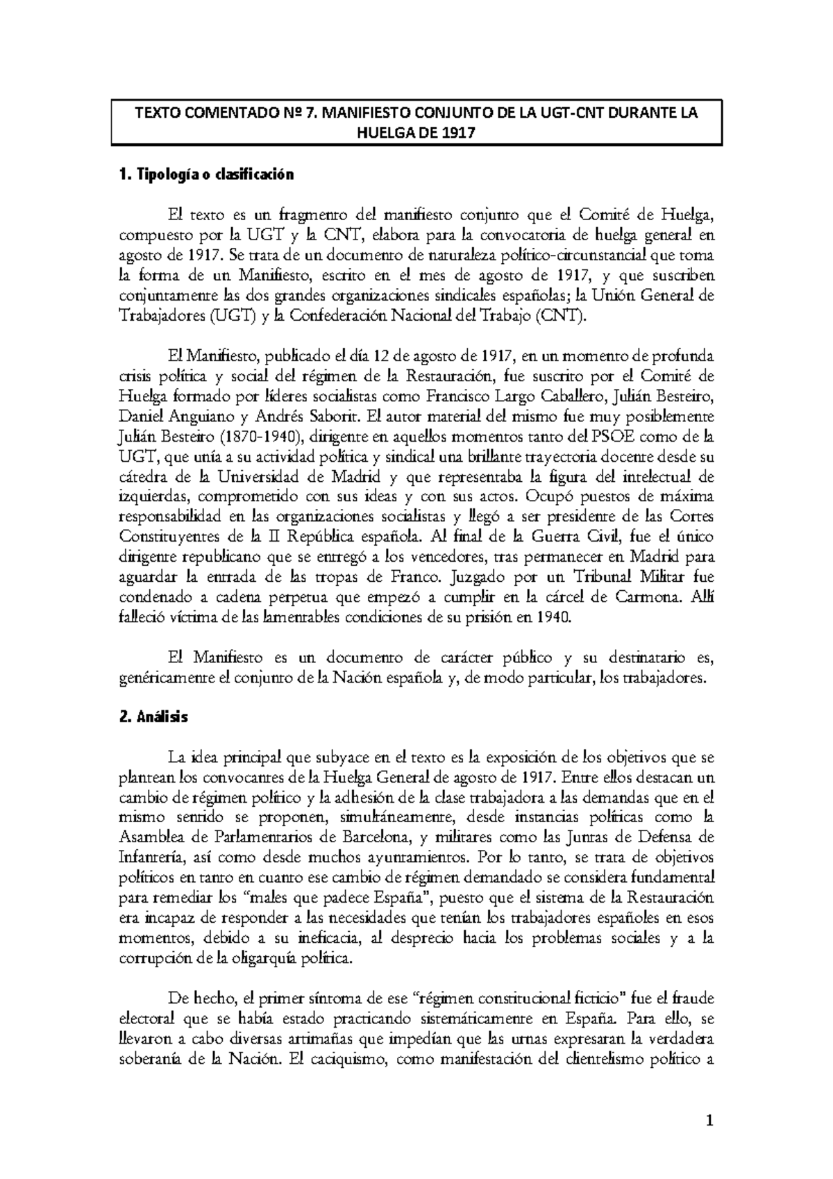 Análisis del Manifiesto Conjunto UGT-CNT Huelga 1917: Contexto y ...