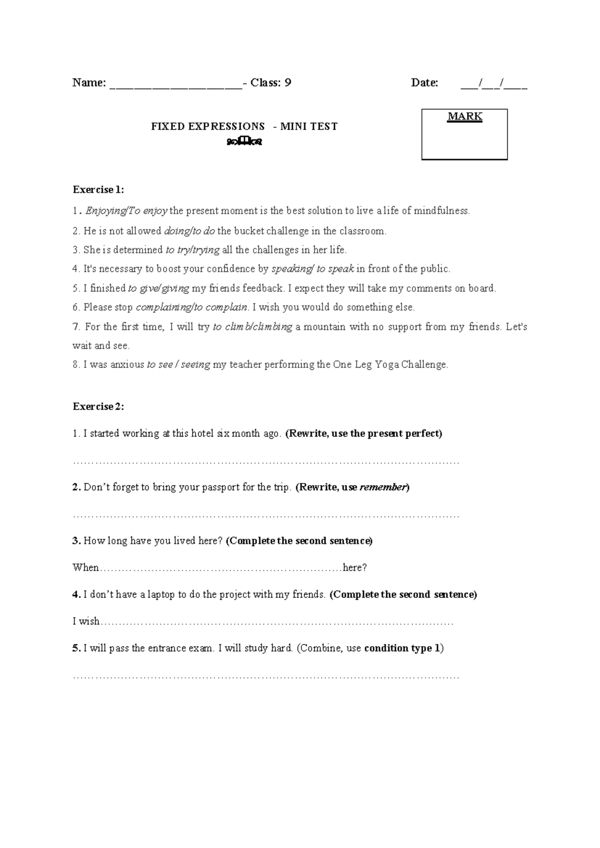 Fixed Expressions Mini Test - Class 9 - Studocu