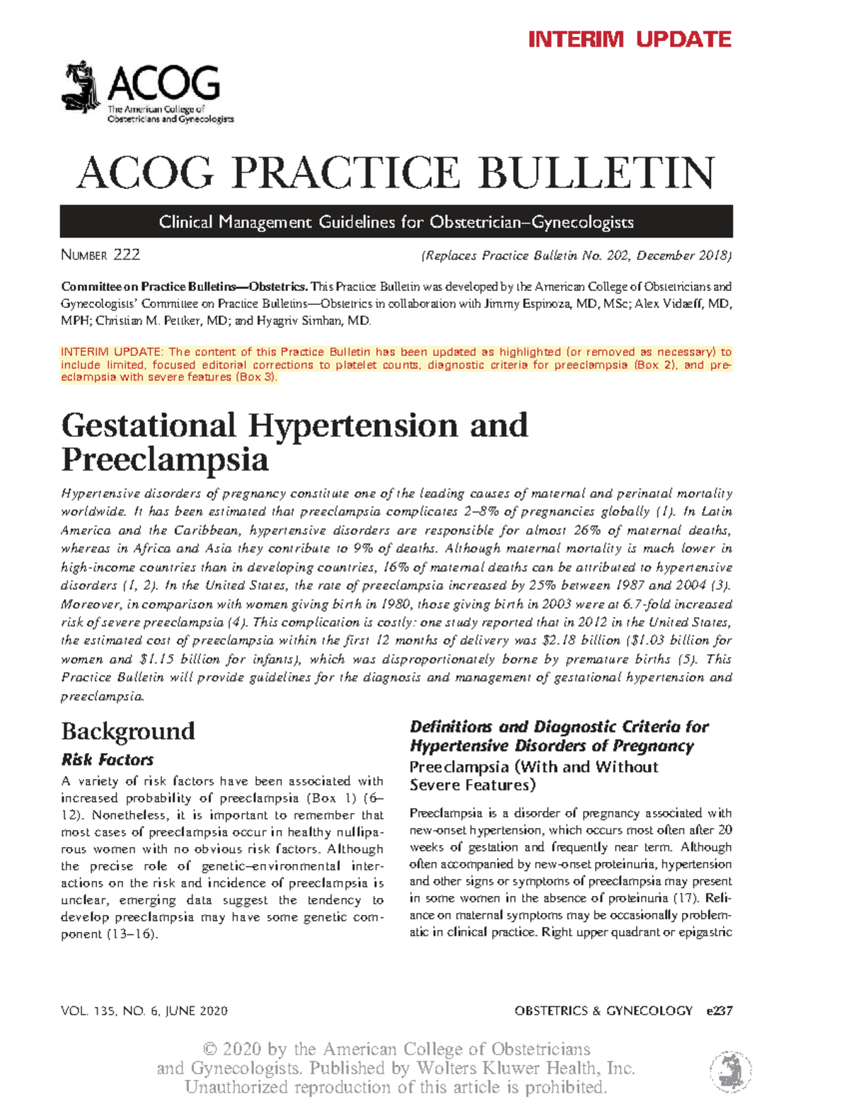 Gestational Hypertension and Preeclampsia: ACOG Practice Bulletin ...