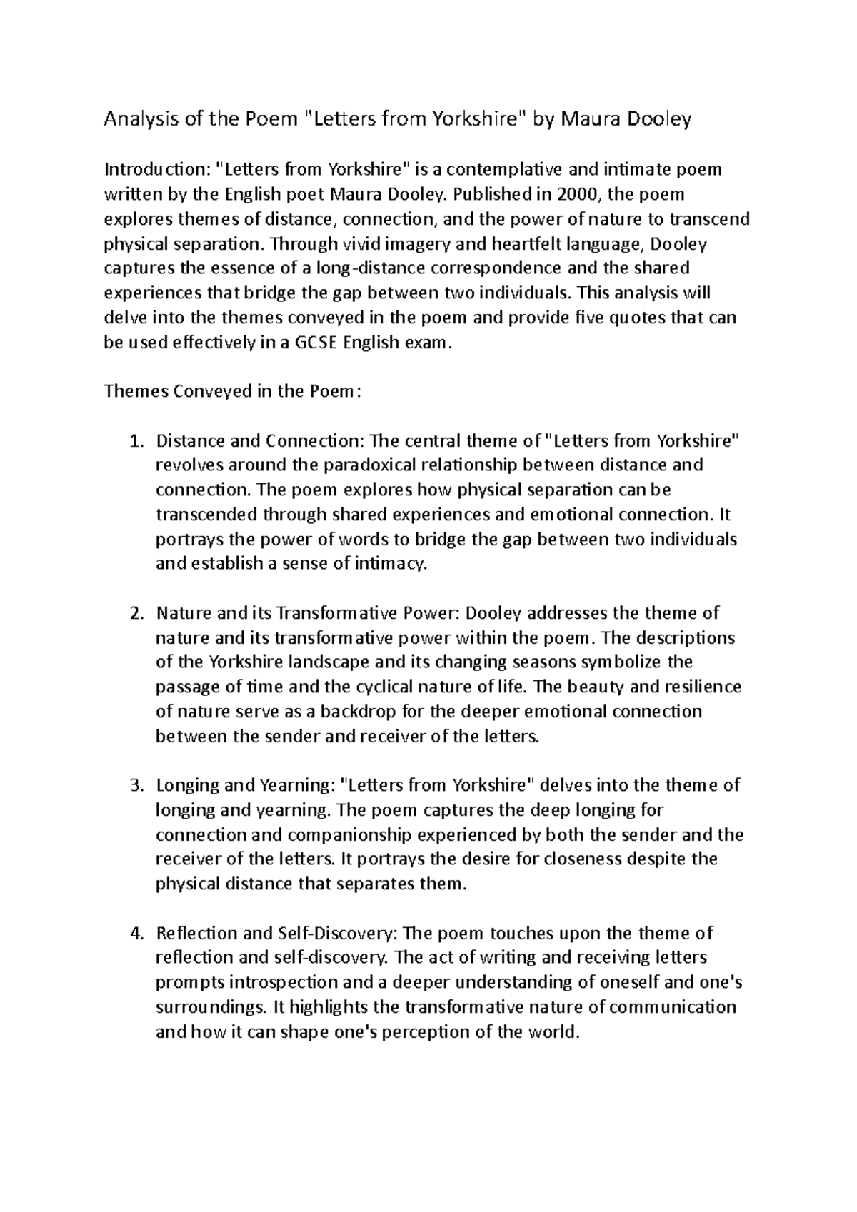 Analysis of the Poem "Letters from Yorkshire" by Maura Dooley ...