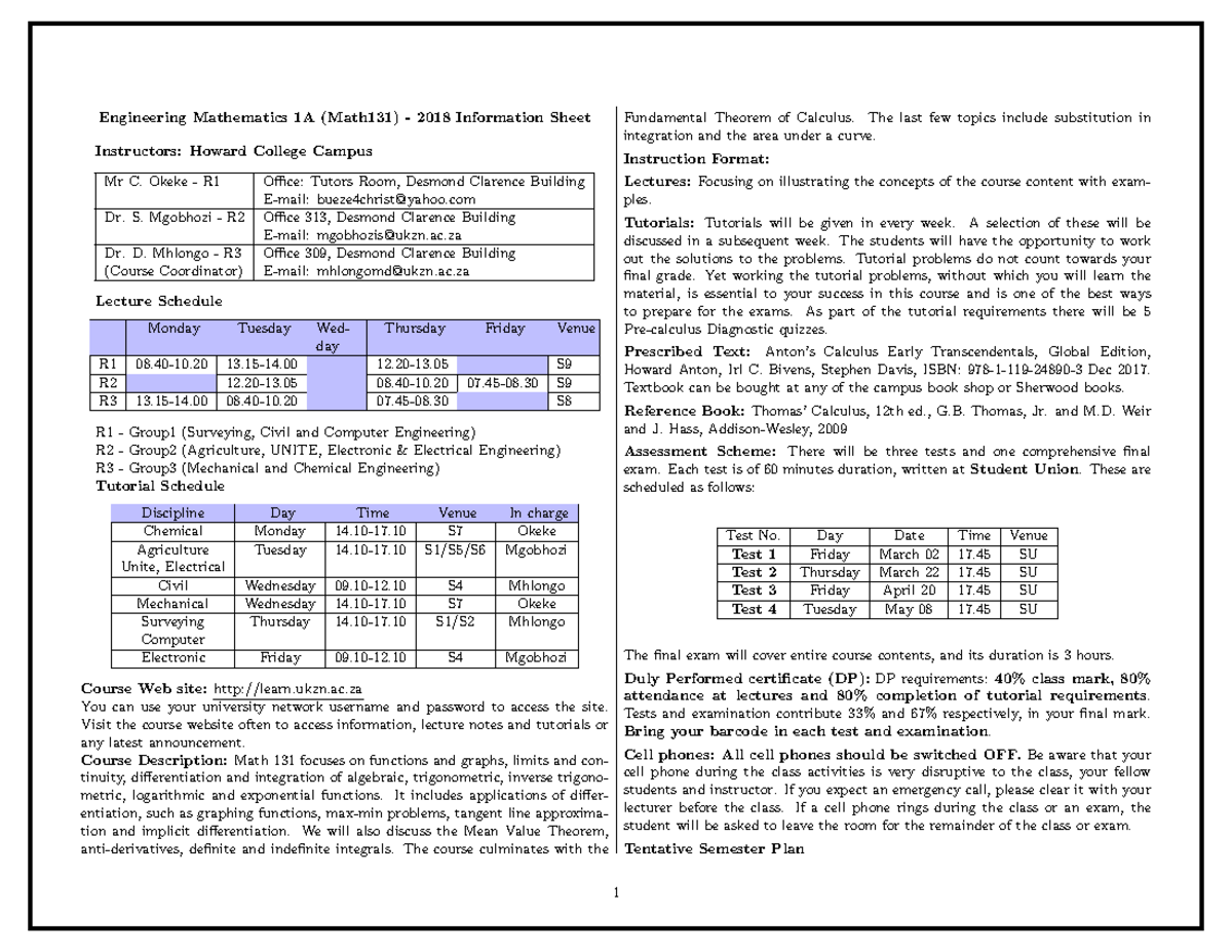Math131 - Engineering Mathematics 1A 2018 Info Sheet & Calculus ...