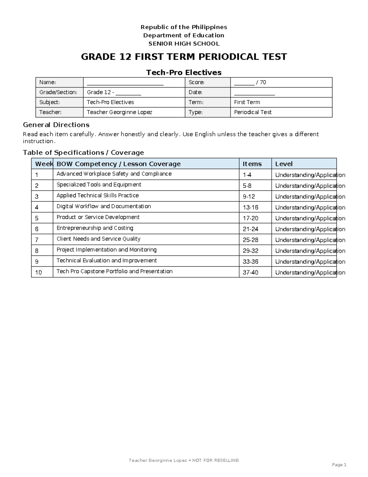 Grade 12 Electives First Term Periodical Test (Tech Pro) - Studocu