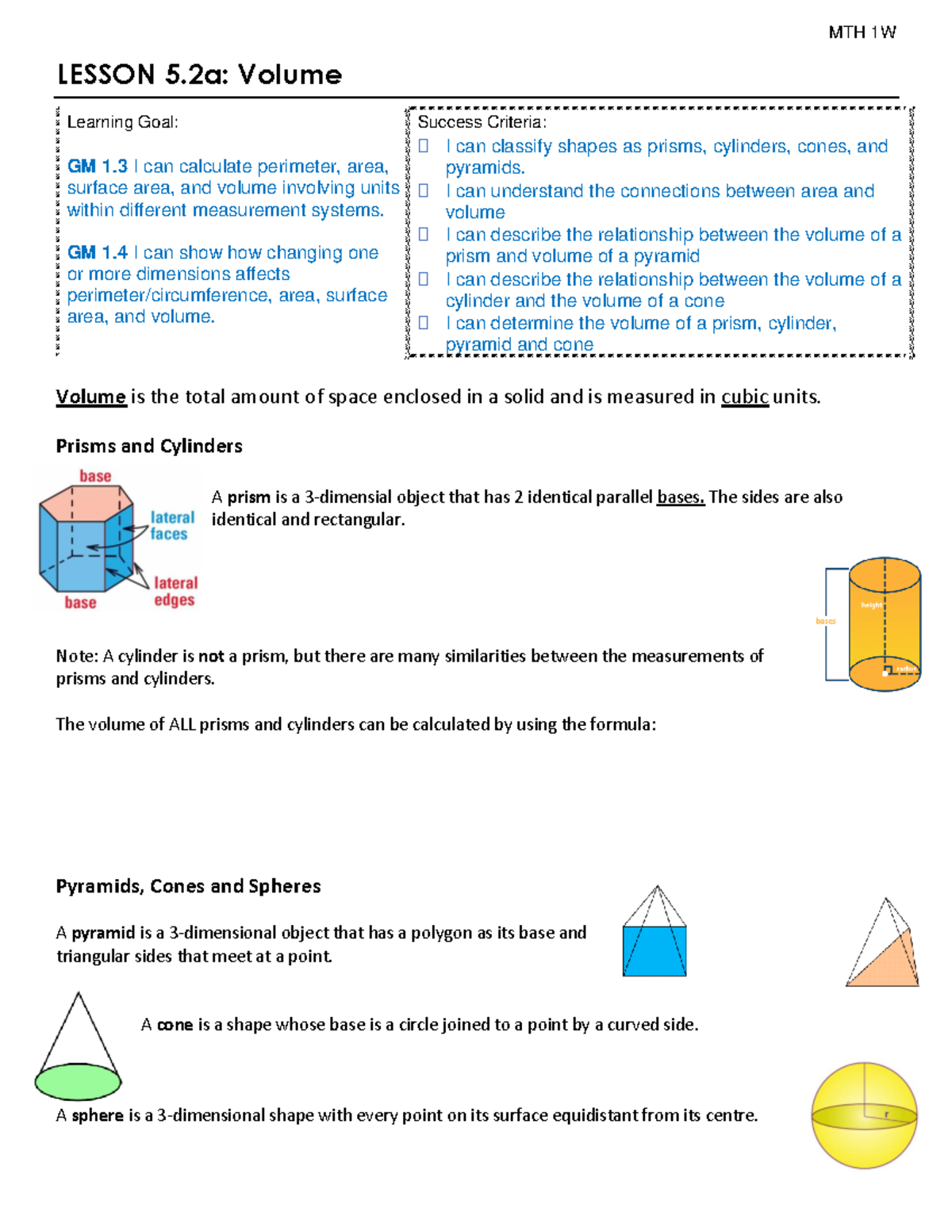 5.3a - Volume - MATH GRADE 9 MAINSTREAM 2022-2023 - MTH 1W LESSON 5 ...
