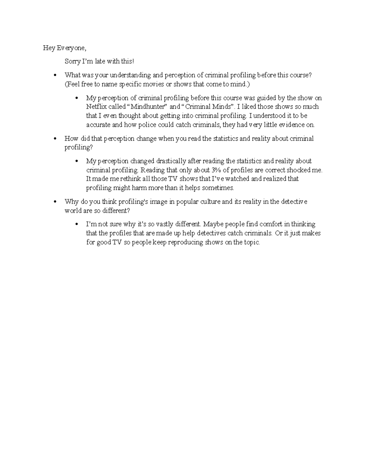 Discussion 6: Understanding Criminal Profiling Before and After Course ...