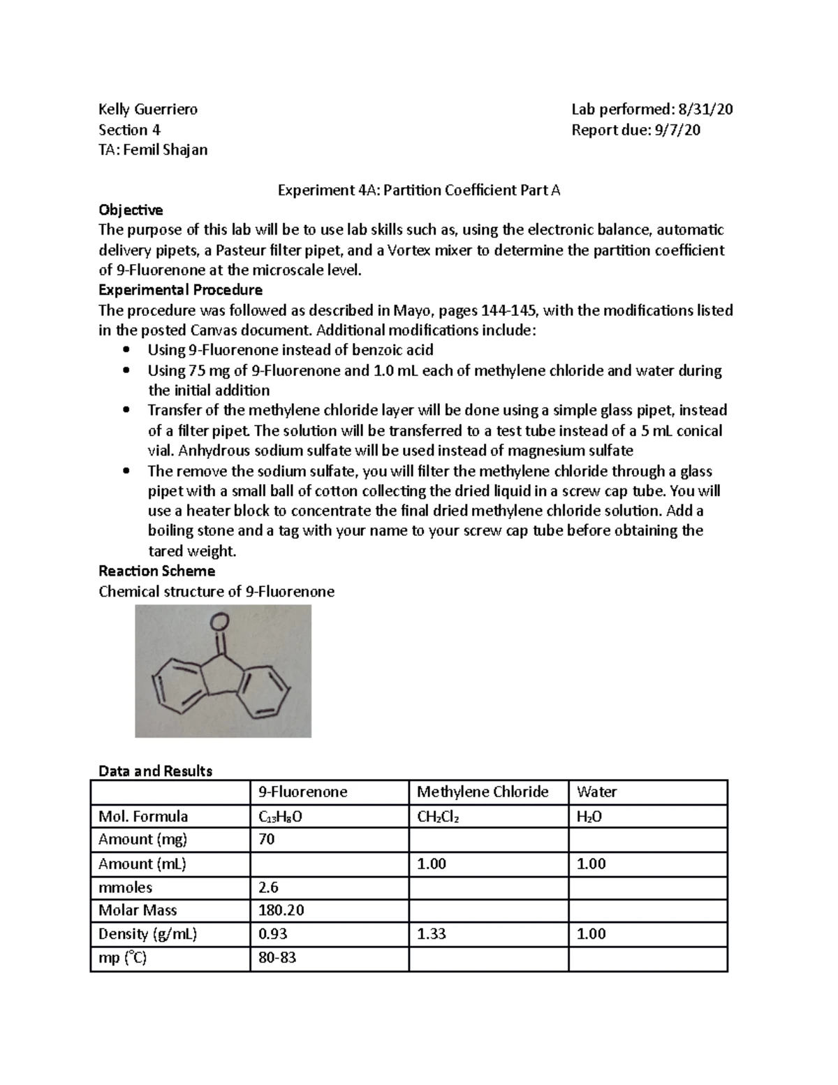 Partition Coefficient Experiment 4A: 9-Fluorenone in Solvents - Studocu