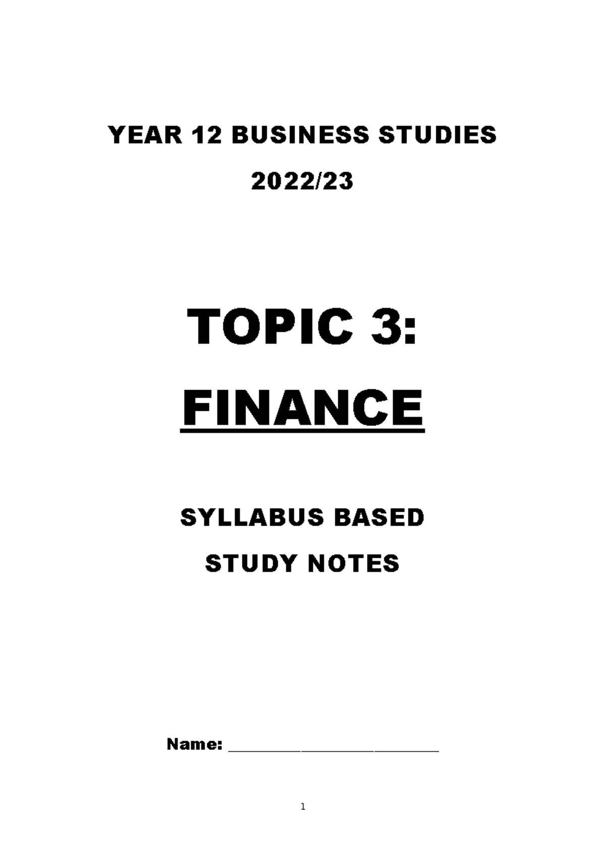 Year 12 Business Studies - Finance Syllabus Revision Notes - Studocu