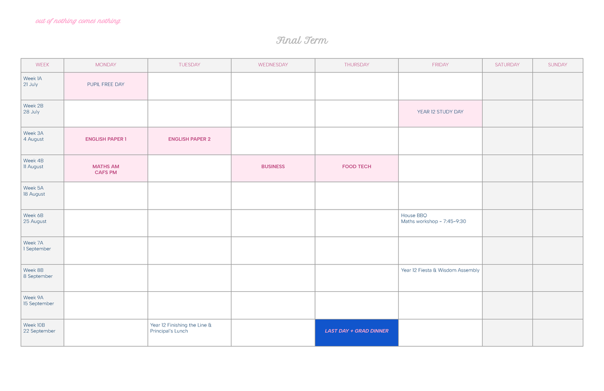 Year 12 EOY Calendar: Final Term Schedule & Events - Studocu