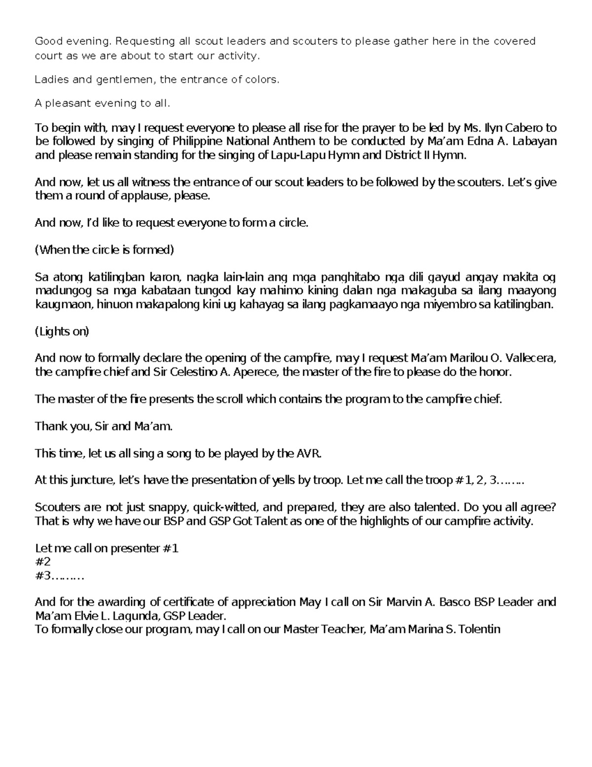 Camp Fire Emcees Script for Scout Leaders and Scouters - Studocu