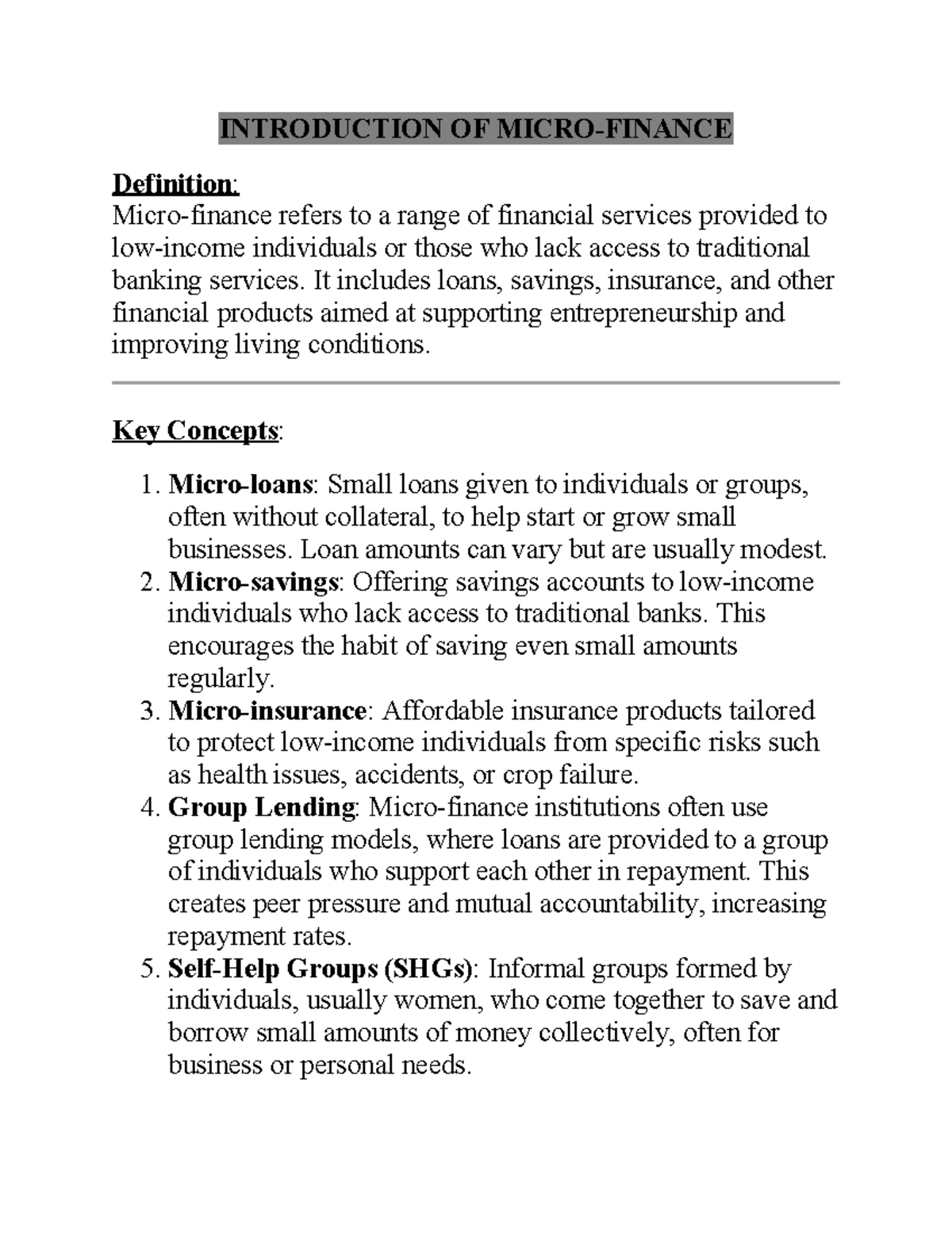 Introduction to Microfinance: Key Concepts and Evolution - Studocu