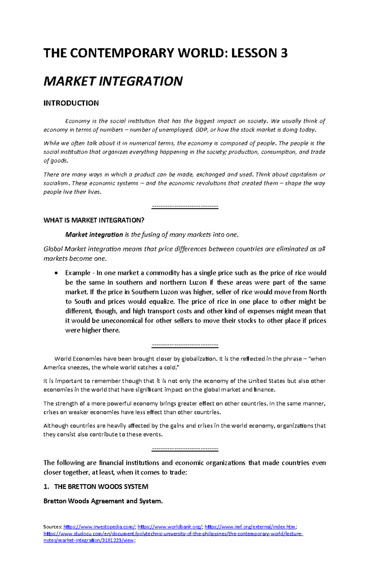 THE CONTEMPORARY WORLD: LESSON 3 - INTRO TO MARKET INTEGRATION - Studocu