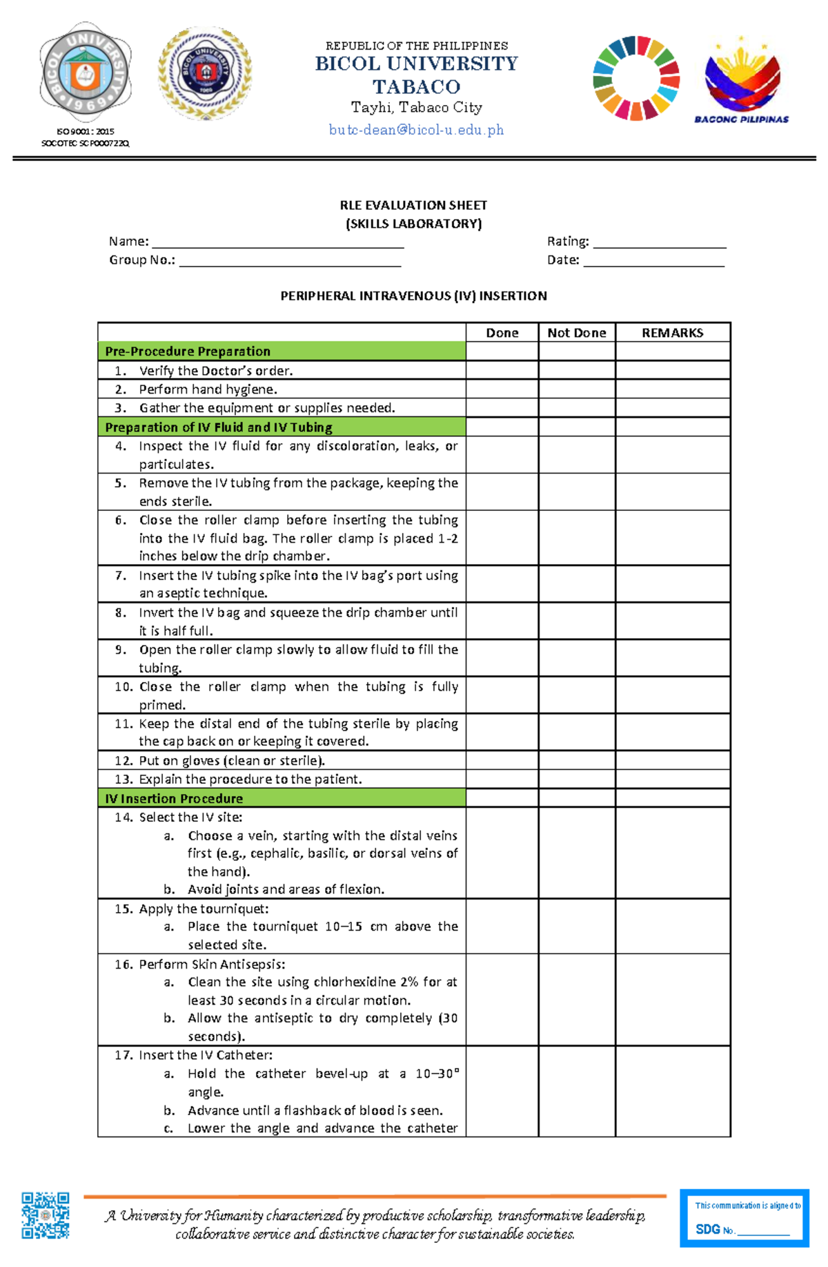 Peripheral IV Insertion Procedure Evaluation Sheet (Skills Lab) - Studocu