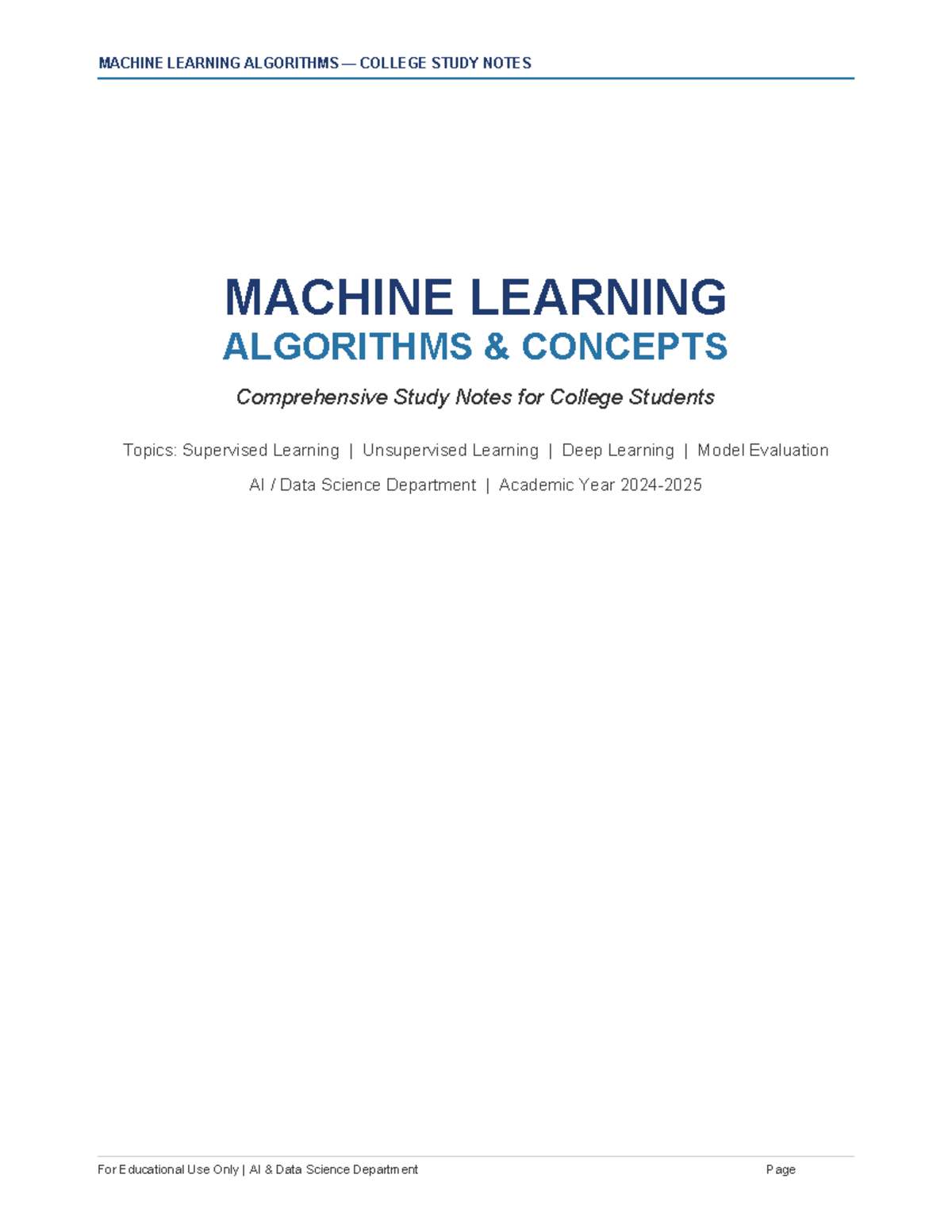 MACHINE LEARNING ALGORITHMS (ML) COLLEGE STUDY NOTES - Studocu