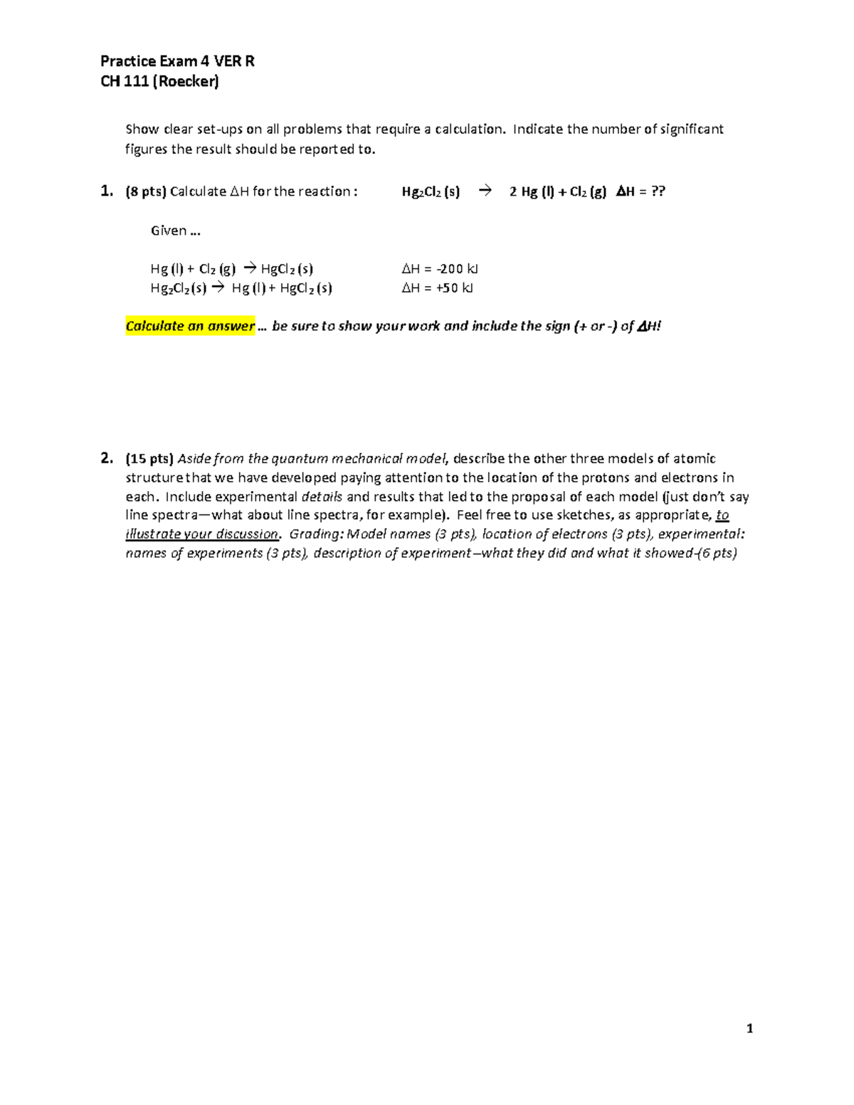 Practice Exam 4 for CH 111 (Roecker) - Comprehensive Review - Studocu