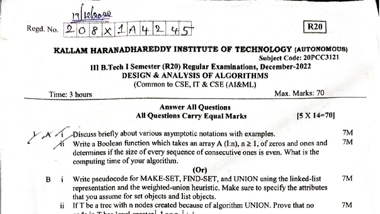 DAA R20 B.Tech I Sem Exam Question Paper - Design Analysis of ...